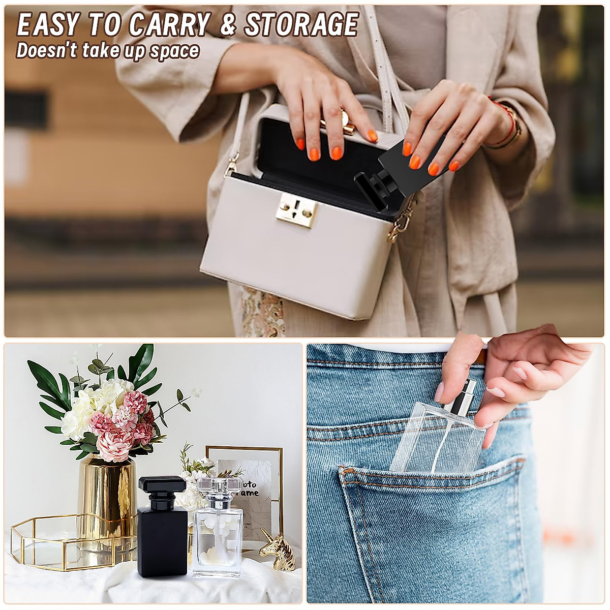 Luxsego Perfume Bottle Atomizers with Funnels, 30 ML Refillable Perfume Spray, Empty Spray Bottle Glass Cologne Atomizers for Travel, Handbag or Date, Storage Bag Included (Transparent+Black)