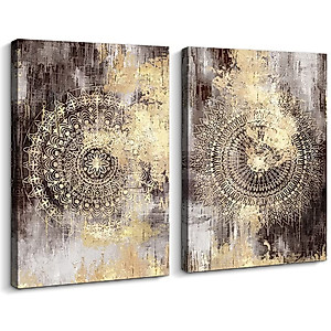 Creoate Abstract Wall Art, 2 Pieces Hand Painted Mandala Flowers Painting Canvas Print Wall Art Framed Artwork Set for Living Room Wall Decor, 16x24 Inchx 2pcs