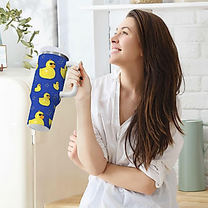 Doodle Cute Yellow Duck Blue Tumbler with Handle and Straw Lid, Cartoon Animal 40 oz Insulated Coffee Cup Stainless Steel Water Bottle Travel Mug Cupholder Friendly,Gifts for Women Men