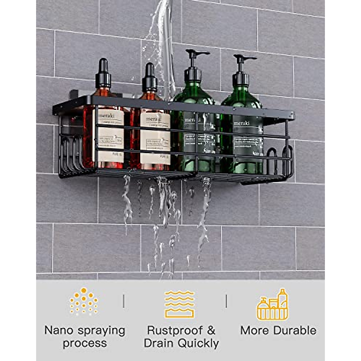 Shower Caddy, Uamector Shower Organizer No Drilling, 3 Pack Adhesive Rustproof Stainless Steel Shower Shelves, Black Shower Shelf with 17 Hooks for Inside Shower, Wall Mounted Shower Rack for Bathroom