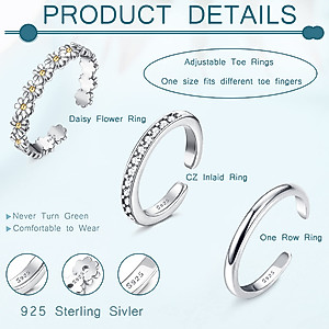 FASACCO Toe Rings 925 Sterling Silver Toe Rings for Women CZ Simple Daisy Adjustable Toe Rings