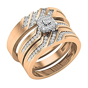 Dazzlingrock Collection 0.35 Carat Round White Diamond Cushion Framed Trio Ring Set for Him & Her in 10K Rose Gold, Women Size 4 and Men Size 8