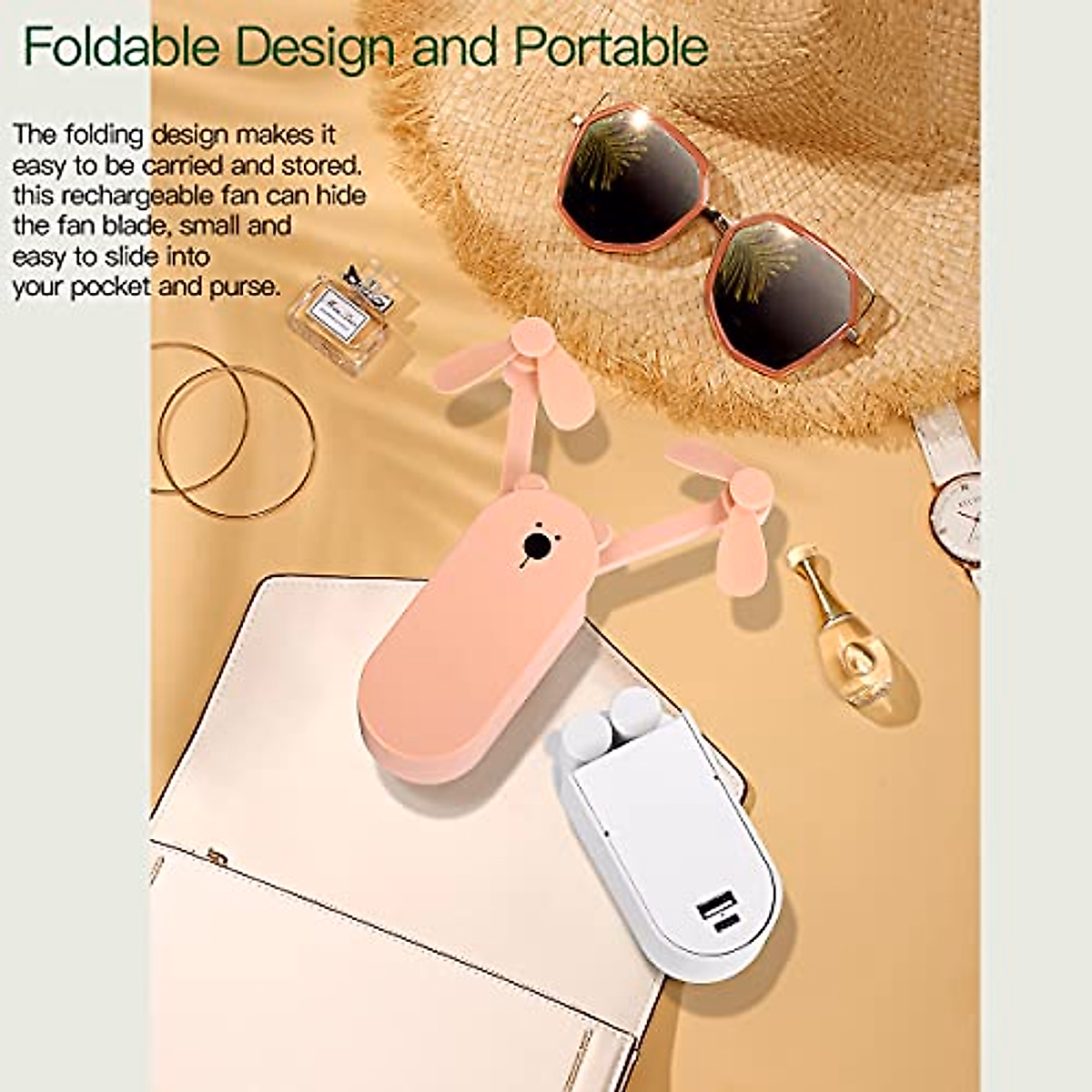 Bovisbws Portable Handheld Desk Fan,Dual-head fan with 3000 mAh Powerbank 20H Runtime,Duble Enhanced Airflow, Battery Operated or USB Powered Folding Personal Fan,3 Speeds,Rechargeable Mini Fan,White