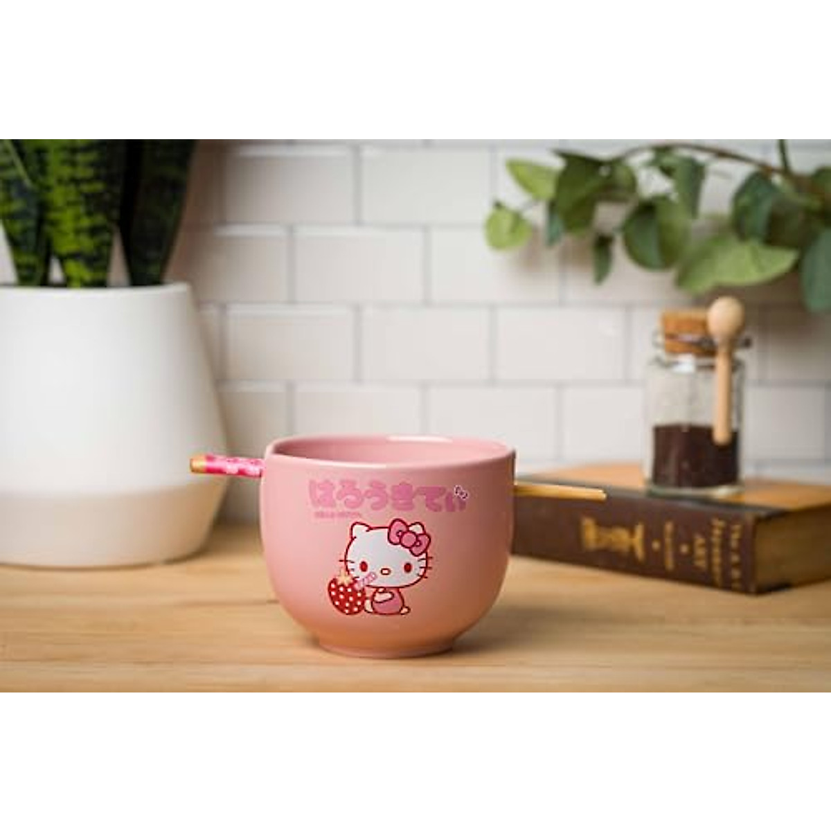 Silver Buffalo Sanrio Hello Kitty Strawberry Milk Japanese Character Ceramic Ramen Rice Bowl with Chopsticks, 20 Ounces, Pink