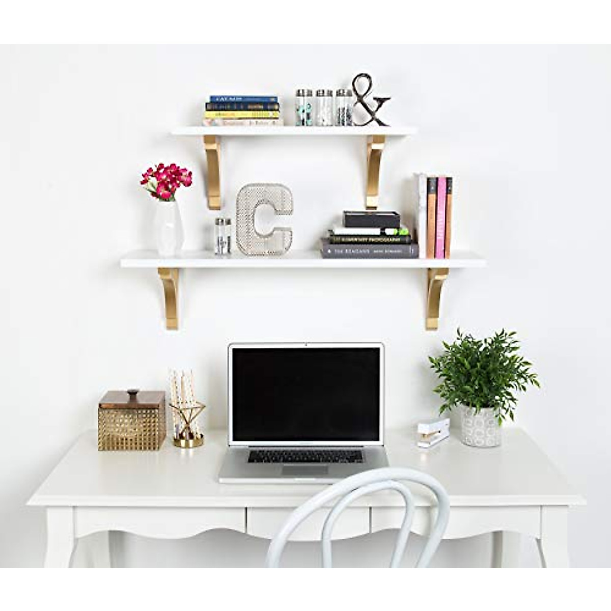 Kate and Laurel Corblynd Traditional Wood Wall Shelf, 24 inches, White with Gold Corbels