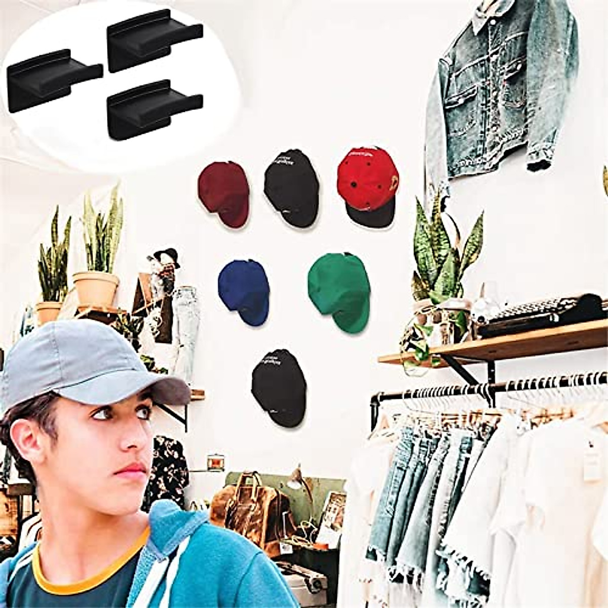 LIGTEHEEA Hat Rack for Wall 16 Pcs , Adhesive Hat Hooks for baseball Caps, Modern Hat Hangers with Minimalist Hat Rack Design, No Drilling for Closet Door Bedroom Entryroom Laundry (Black)