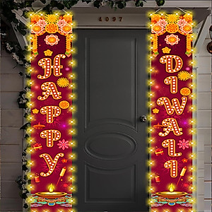 Diwali Door Hanging Banner Lighted Decorations Festival of Light Porch Sign with LED Light Deepavali Celebration Banner Party Indoor Outdoor Wall Decor
