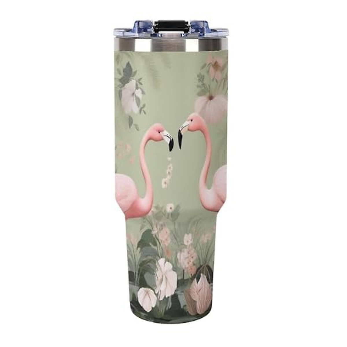 40 Oz Flamingo Insulated Stainless Steel Tumbler with Handle & Straw Lid, Reusable Travel Cupholder Friendly Mug for Coffee, Water, Tea