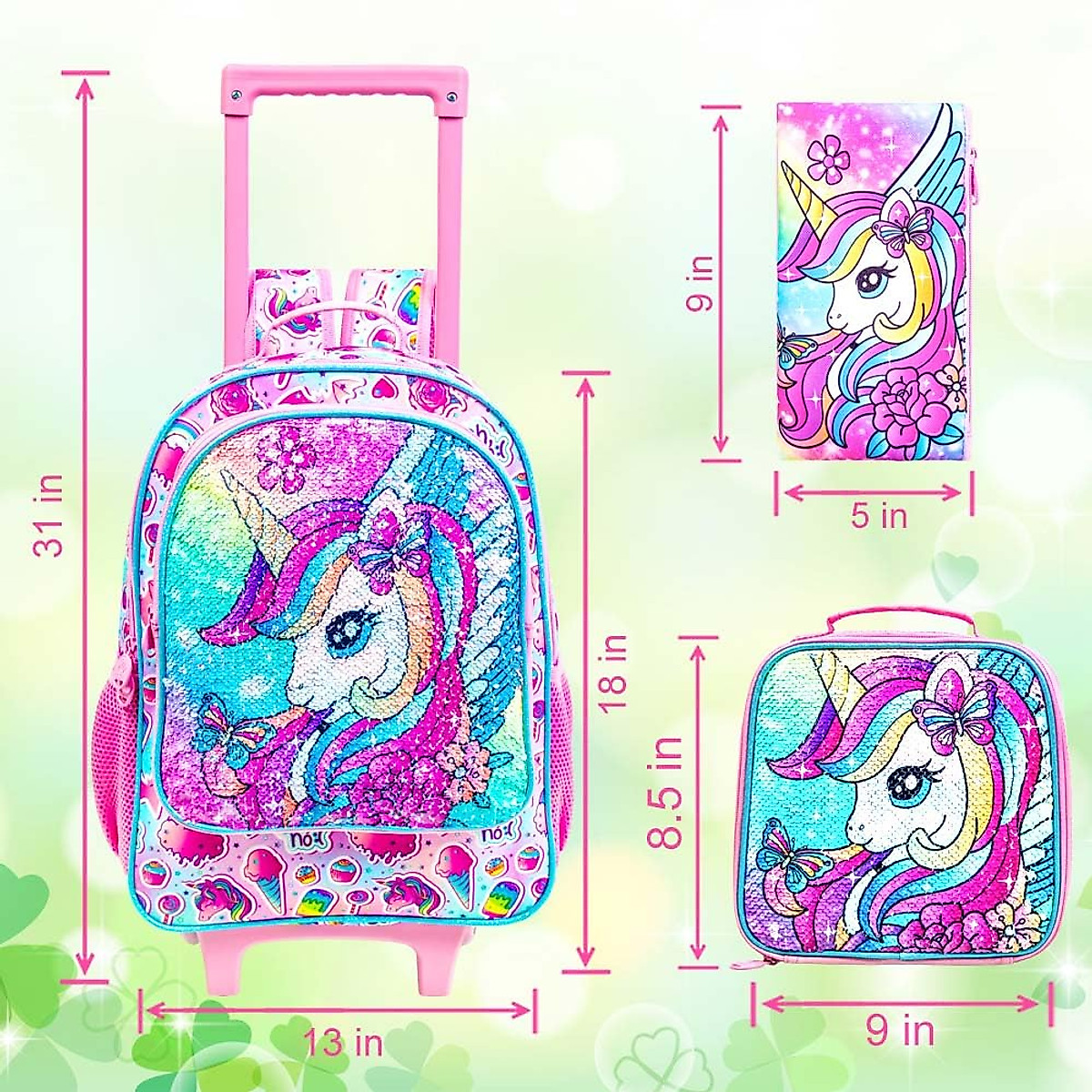 ZLYERT 3PCS Rolling Backpack for Girls, Unicorn Roller School Bag with Wheels for Kids, Wheeled Bookbag with Lunch Box for Children