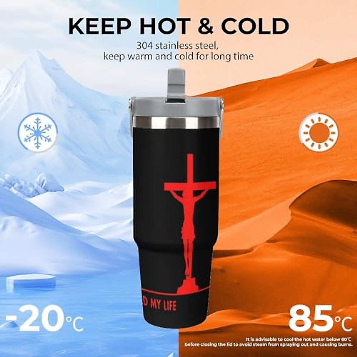 Jesus Saved My Life Crucifix Heartbeat 30 OZ Insulated Tumblers with Handle And Straw Leakproof Vacuum Insulated Stainless Steel Water Bottle for Car Fishing Travel