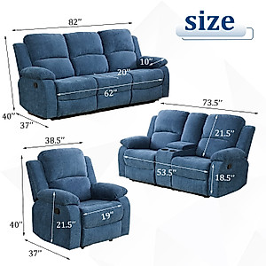 Plithzy Recliner Sofa Set Living Room Furniture, Microfiber Fabric Reclining Sofa Set, Recliner Couch Set with Cup Holders for Office Home (3 Piece Living Room Furniture Set, Blue)