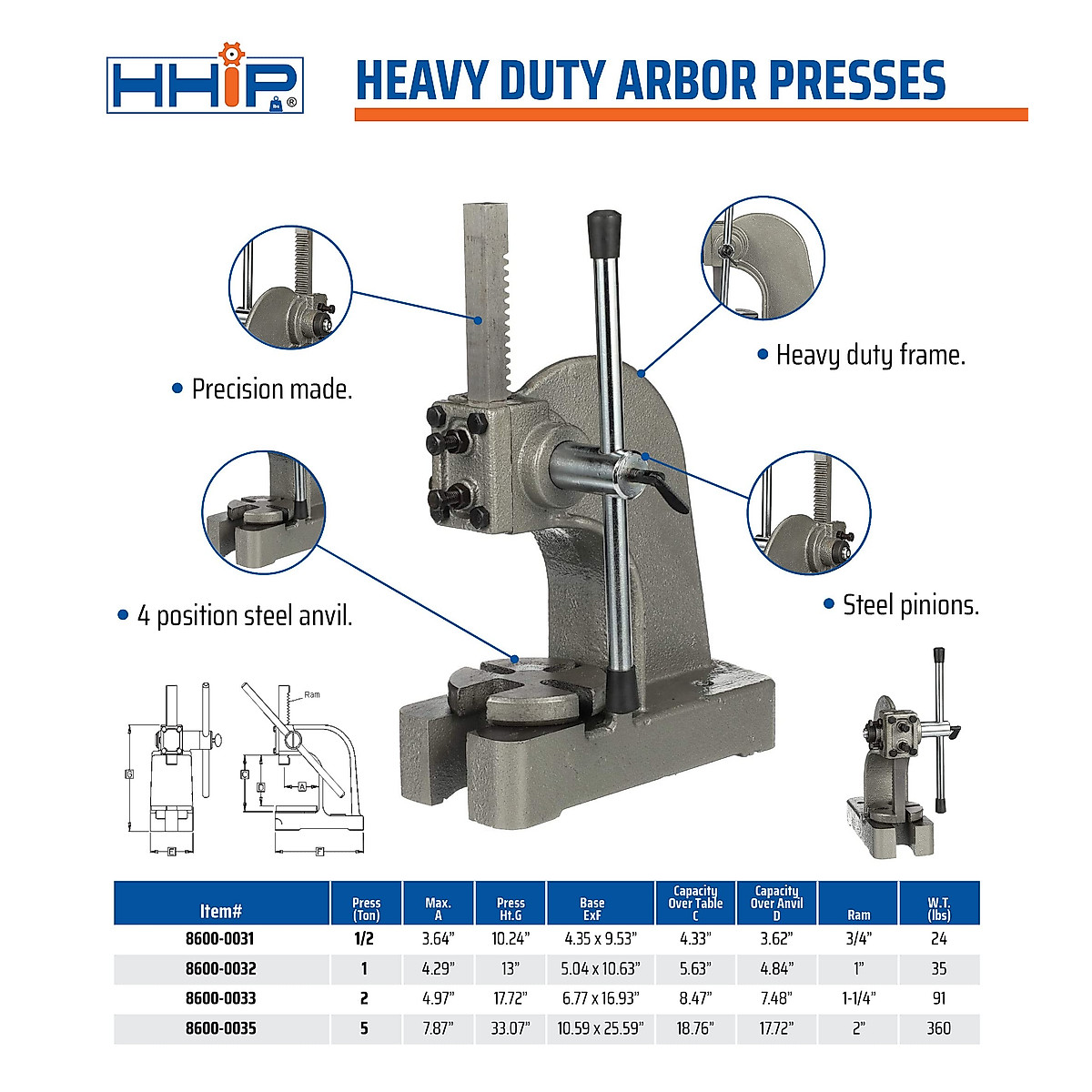 HHIP ABS Import 8600-0032 Heavy Duty Arbor Press, 1 Ton Capacity, 13" Height (Pack of 1)