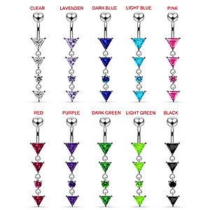 Black Gemstone Fancy Triple Triangle Gems Dangling 925 Sterling Silver with Stainless Steel Belly Button Navel Rings