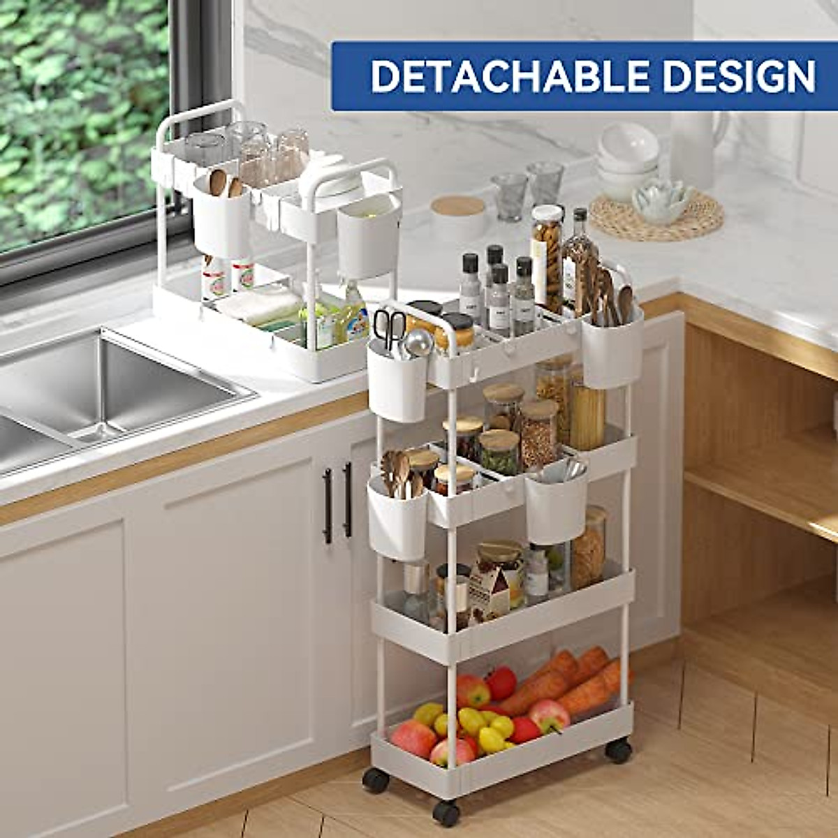 VANDHOME 4-Tier Slim Storage Utility Rolling Cart with Wheels Multifunction Organizer Slide Out Trolley Cart for Kitchen Bathroom Narrow Places with Hanging Cups Dividers - White
