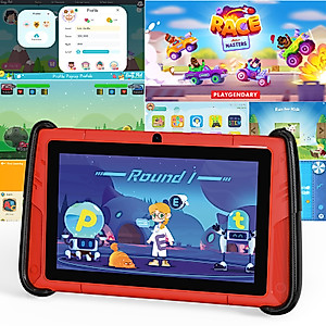 VOLENTEX 7 Inch Kids Tablet, Android 12 Tablet for Children with Game Controllers, 4GB RAM+64GB ROM(Expandable 512GB), Parental Control, Pre-Installed Kids Software, Shockproof Case(Red)
