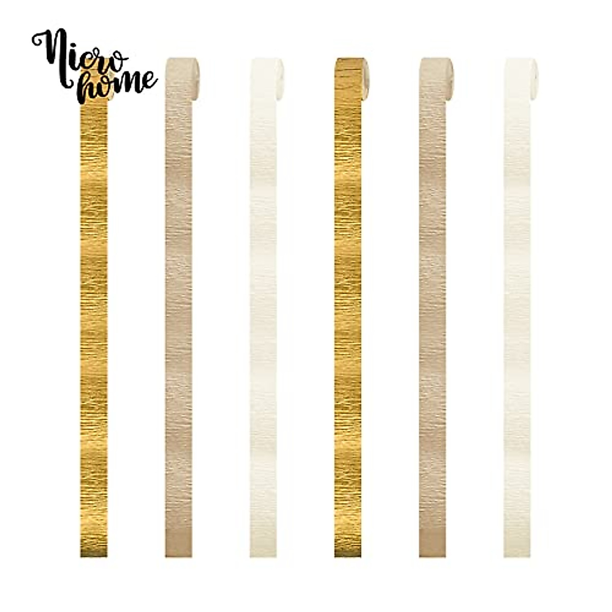 NICROHOME White and Gold Party Decorations, 6 Rolls Ivory White Light Brown Crepe Paper Streamers for New Years Eve Party Supplies 2023, Wedding, Baby Bridal Shower, Birthday, 82Ft Long
