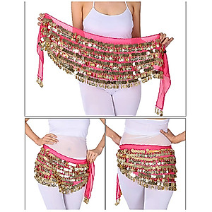 Wuchieal Belly Dance Hip Scarf Chiffon Belly Dance Scarf Wrap Belt Tribal Sash Skirt with Gold Coins