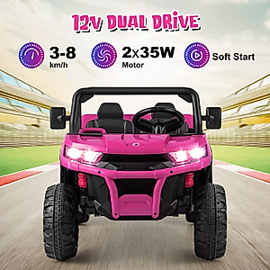 OLAKIDS 2 Seater Ride On Car, 12V Off-Road UTV Electric Vehicle with Remote Control, Dump Bed, Extra Shovel, Music, USB, AUX, Rocking Function, Kids Toddlers Battery Powered Truck (Pink)