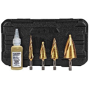Klein Tools 25950 Step Drill Bit Set, Spiral Double Fluted, Titanium Nitride Coating, 1/4-Inch Impact Shank, Rugged Case, 4-Piece