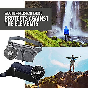 OlimpiaFit Fanny Pack for Women and Men - Waist Bag w/ 6 Anti-Theft Pockets & Plus Size Belt Extension - Water Resistant Travel Accessories - Black