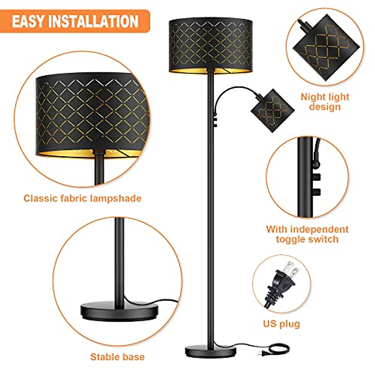 oachnat Modern Floor Lamp - Two Lampholders Light,Stable Base Quality lampshade and Independent Toggl Switch Lamp for Living Room and Bedroom,Bulb Included (Black)