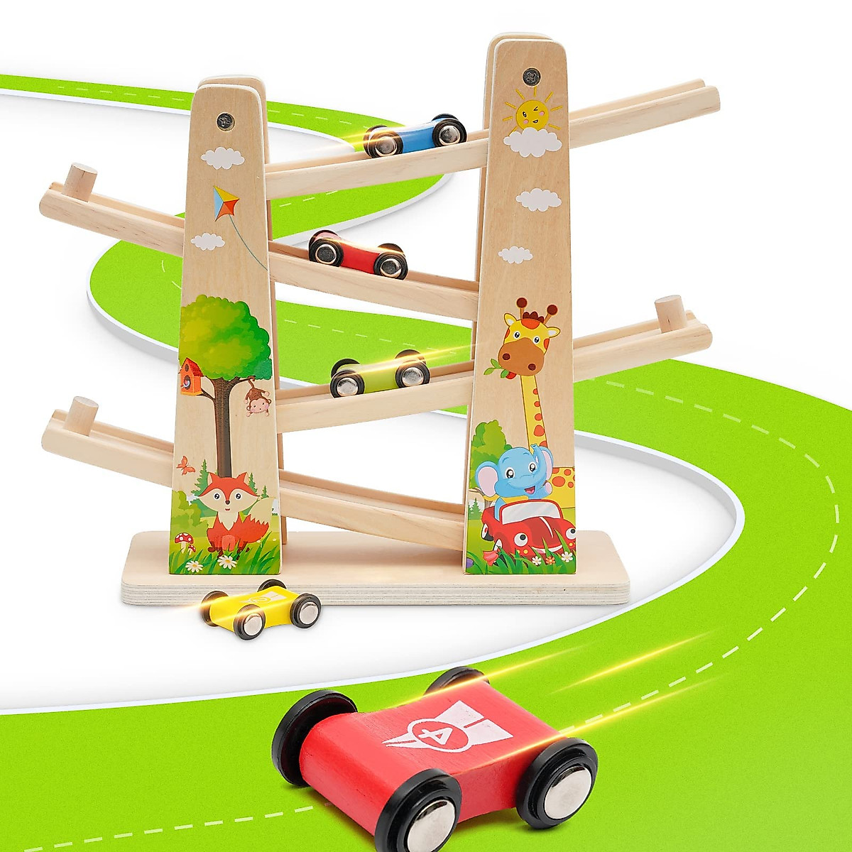 Car Ramp Toys for Toddlers | Wooden Car Track for 1 2 Year Old with 4 Cars & Race Tracks | Montessori Toys Gift for Toddlers Boys and Girls (yellow)