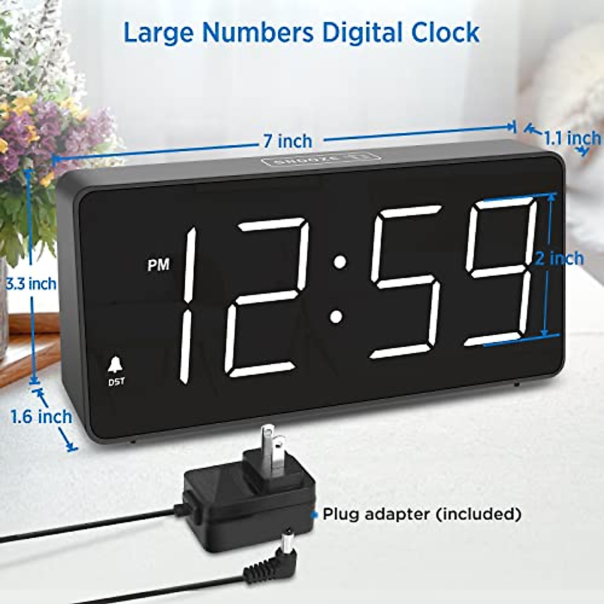Peakeep Digital Clock, Alarm Clock for Bedrooms - Large Big Numbers 5 Dimmers for Seniors, Battery Backup Loud Alarm Clock with USB Charger Port (White)