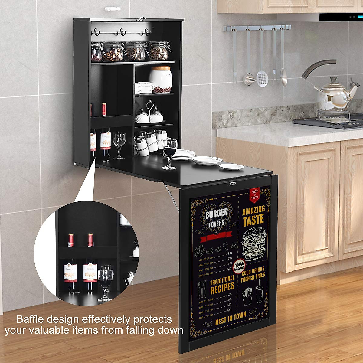 Tangkula Folding Wall Mounted Desk, Floating Desk with Chalkboard, Space Saving Fold Up Desk Wall Convertible Desk, Wall Table with Storage Shelves & Hooks (Black)