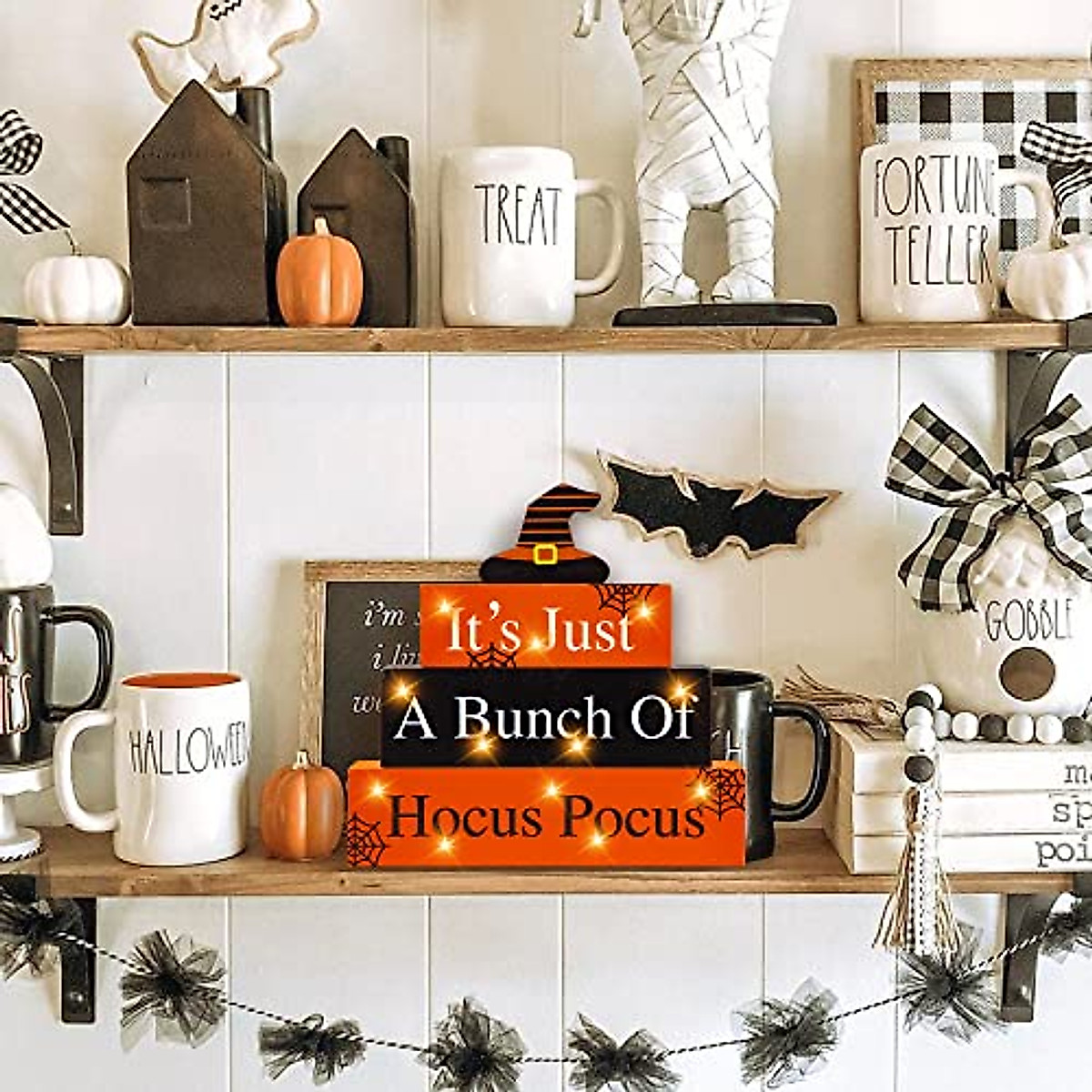 Halloween Wooden Block Sign with Led Lights- It's Just a Bunch of Hocus Pocus Witch Light up Wood Sign Decor for Table Mantle- Halloween Festive Haunted House Farmhouse Home Tabletop Tiered Tray Decor