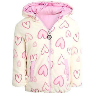 DKNY Baby Girls Winter Jacket – Reversible Puffer Jacket with Fleece Lining – Reversible Coat for Infants/Toddlers (12M-4T), Size 4T, Medium Pink/Pink Cream Hearts