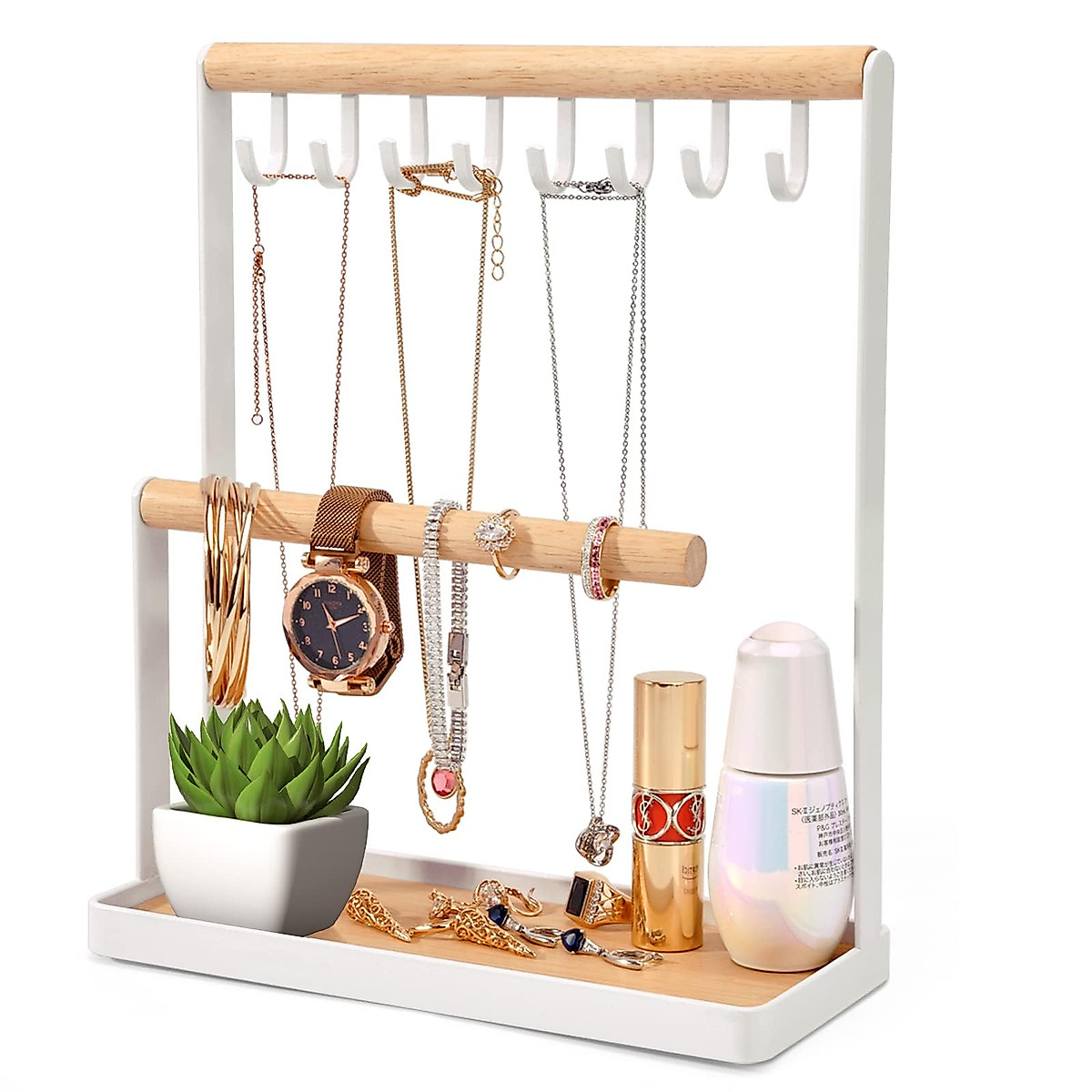 Portin Jewelry Organizer Display Stand Holder with Wooden Ring Tray and Hooks Storage Necklaces Bracelets, Rings, Watches Metal Desk Organizer Stand