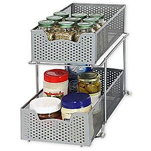 SimpleHouseware 2 Tier Sliding Cabinet Basket Organizer Drawer, Silver