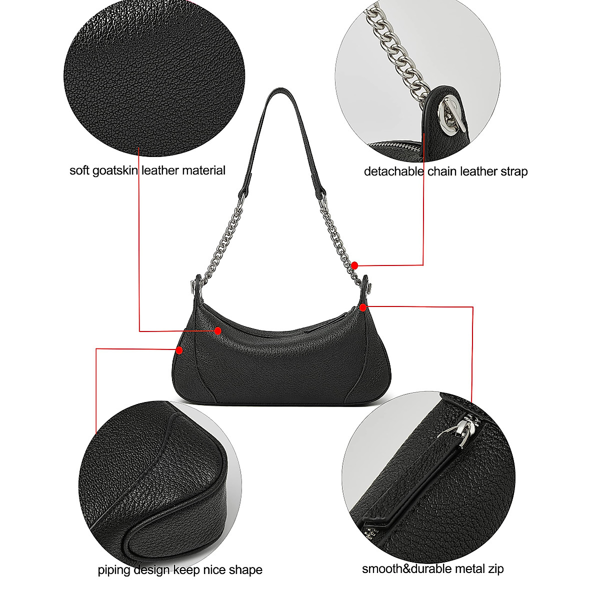 DORIS&JACKY Small Goatskin Leather Shoulder Bag With Metal Chain (1-Black)