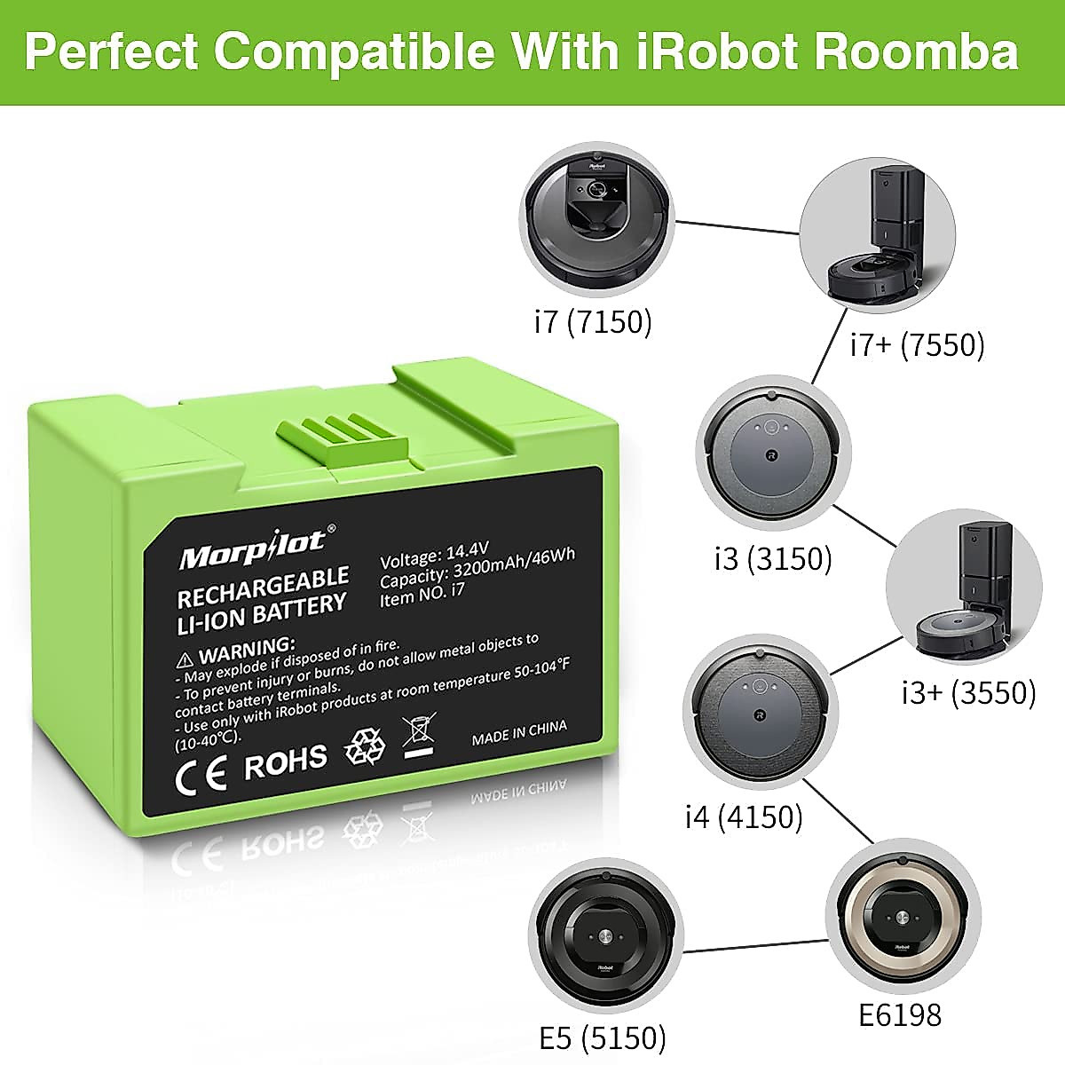 14.4V 3200mAh i7 Battery Replacement for iRobot Roomba e and i Series, Large Capacity Battery Compatible with Roomba i7 i7+ i8 i6 i4 i4+ i3 i3+ i7158 J7 7150 7550 and e e5 e6 e5150 e5152 e6198 Etc
