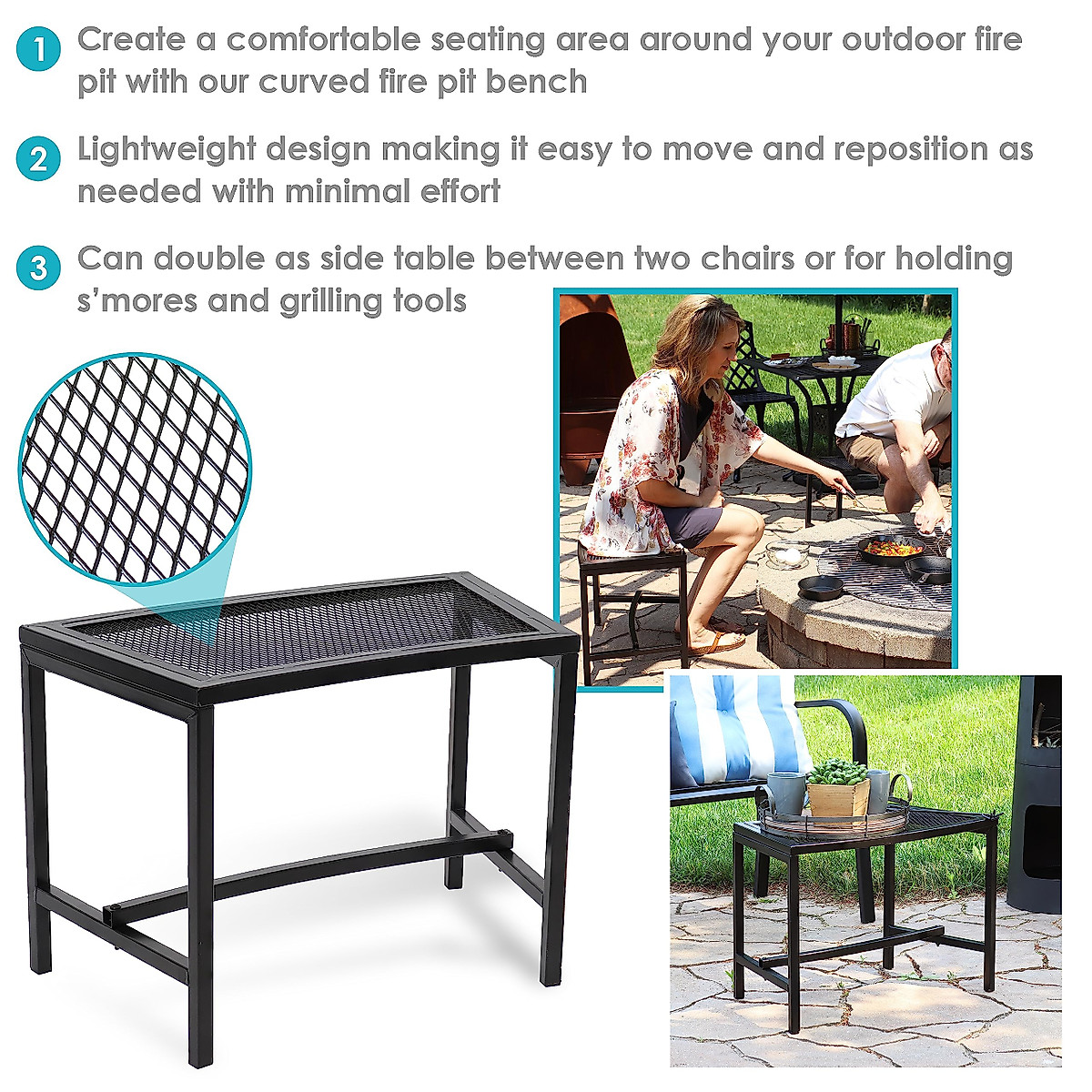 Sunnydaze Outdoor Curved Powder-Coated Black Metal Mesh Fire Pit Bench - Backless - Set of 2