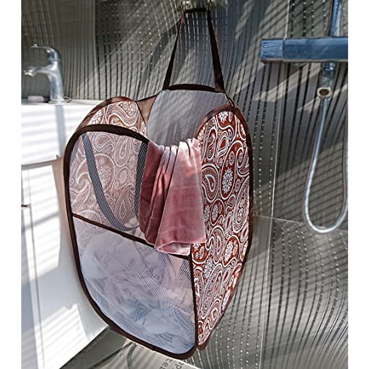 WEI LONG Mesh Popup Hamper-Foldable Lightweight Basket for Washing-Durable Clothing Storage for Kids Room,Students College Dorm,Home,Travel & Camping-Pop-up Clothes Hamper (Khaki Cat Paw)