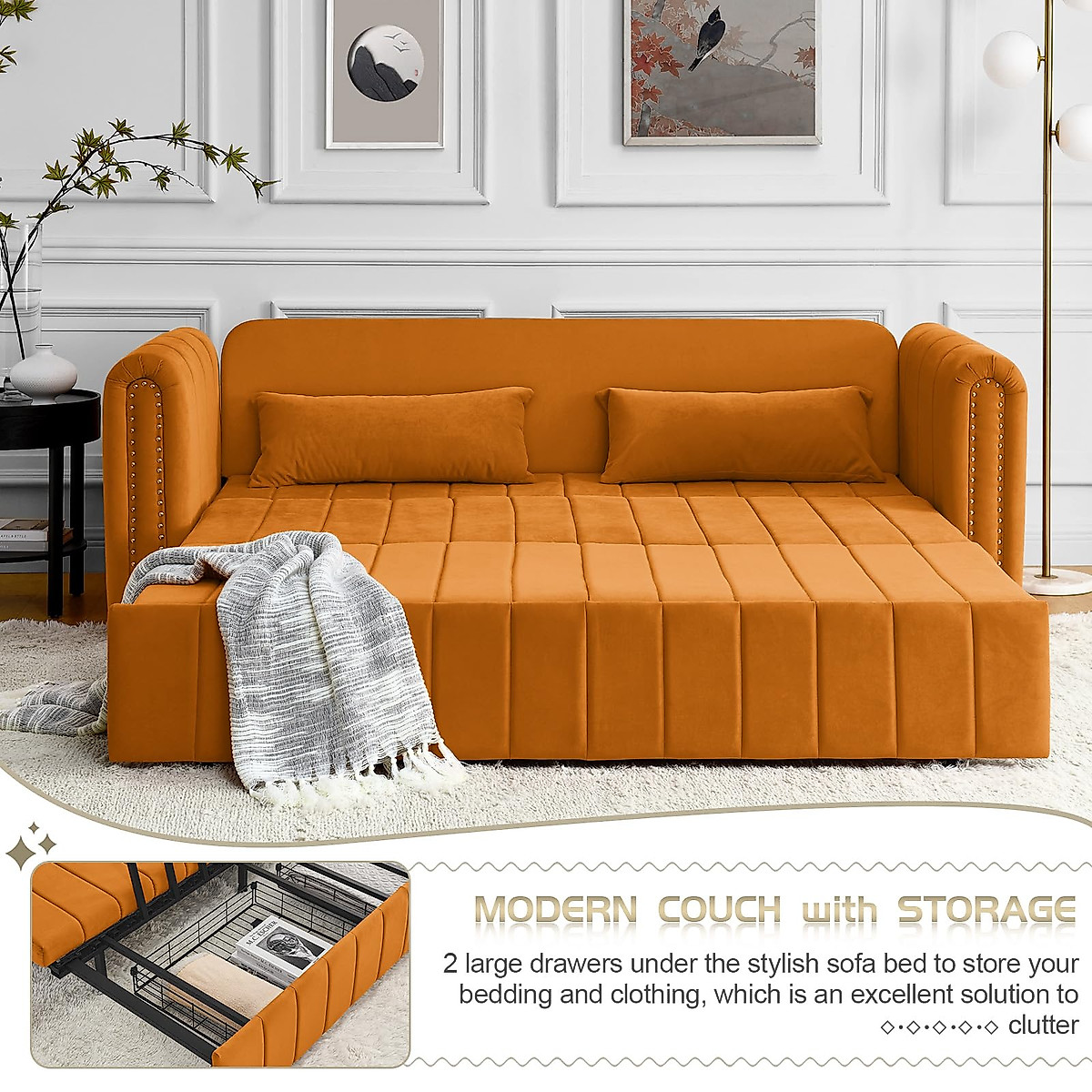 Antetek Oversized Sleeper Sofa w/Pullout Bed, 82-inch Modern Velvet Fabric Deep 3-Seat Couch with Metal Frame, 2 Toss Pillows, Comfy Upholstered Furniture for Living Room, Orange