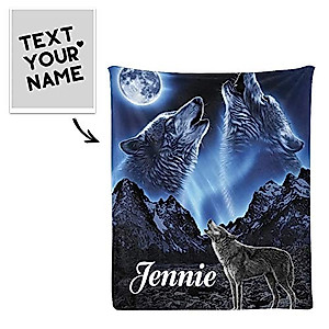 Custom Blanket with Name Text,Personalized Wolfs at Night Super Soft Fleece Throw Blanket for Couch Sofa Bed (50 X 60 inches)