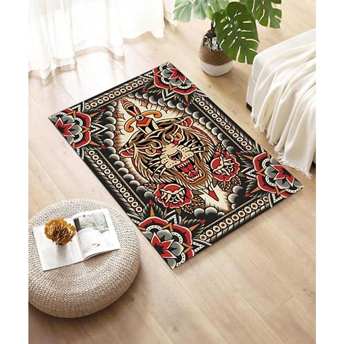 wisemandesign Tattoo Design Rug, Tiger Themed Rug, Traditional Tattoo Rug, Custom Rug, Popular Rug, Cheap Rug, Living Room, Personalized Gift,Gift for (62X82inch//160x210Cm)