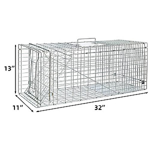 Large Animal Trap Cat Trap for Stray Cats Humane,Small Dogs,Fox,Rabbit,Groundhog,Squirrel,Raccoon,Chicken,Opossum, 32inch Live Traps for Animals Outdoor Indoor Collapsible Steel Release Cat Trap Cage
