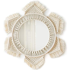 Mkono Hanging Wall Mirror with Macrame Fringe Round Boho Mirror Art Decor for Apartment Living Room Bedroom Baby Nursery Dorm Entryways, Ivory