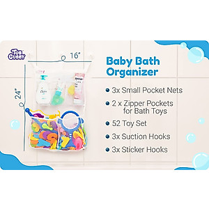 Original Tub Cubby Bath Toy Storage - Hanging Bath Toy Holder, with Suction & Adhesive Hooks, 14"x20" Mesh Net Shower Caddy for Kids Bathroom Decor, Bedroom & Car Toy Organizer - Bonus Rubber Duck & Hooks