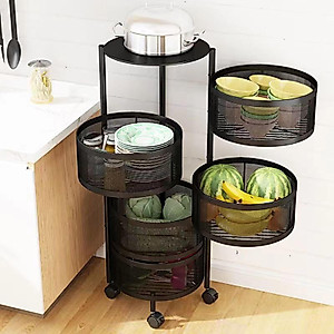 Grebest Kitchen Fruit Vegetable Storage Cart, 5 Tier Circular Rotating Basket with 360 Degree Wheels, Metal Wire Shelf with Top Lid for Living Room/Kitchen/Office Black Five Layers