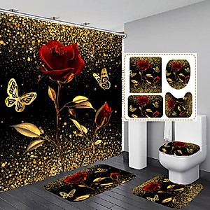 RinRinfam 4Pcs Gold Rose Shower Curtain Set, Gold Star Sparks Butterfly Curtain with Non-Slip Rug,Toilet Lid Cover,U Shape Mat,Curtain with 12 Hooks Bathroom Decor Sets,Black 72"×72"