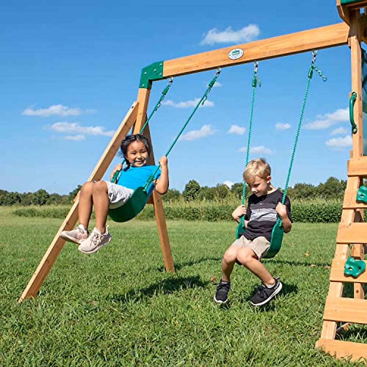 Backyard Discovery Buckley Hill Wooden Swing Set, Made for Small Yards and Younger Children, Two Belt Swings, Covered Mesh Fort with Canopy, Rock Climber Wall, 6 ft Slide Green
