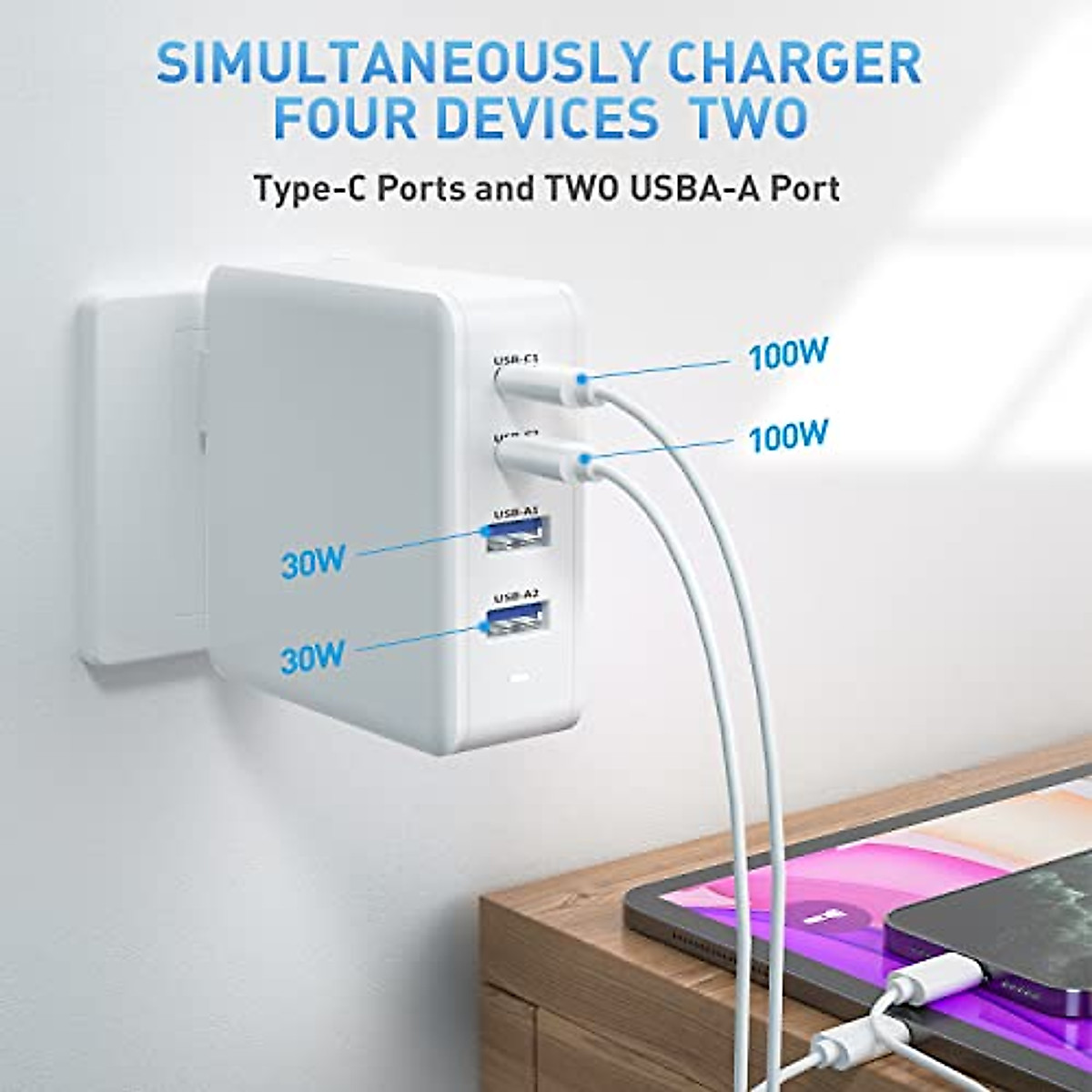 USB C Wall Charger, AIGAISHISXIN 100W 4 Port GaN Fast Charger Type C PD Charging Station Power Adapter Compatible with MacBook Pro Air, iPad Mini Pro, iPhone 13 Pro, Galaxy, Dell XPS, Laptop (White)