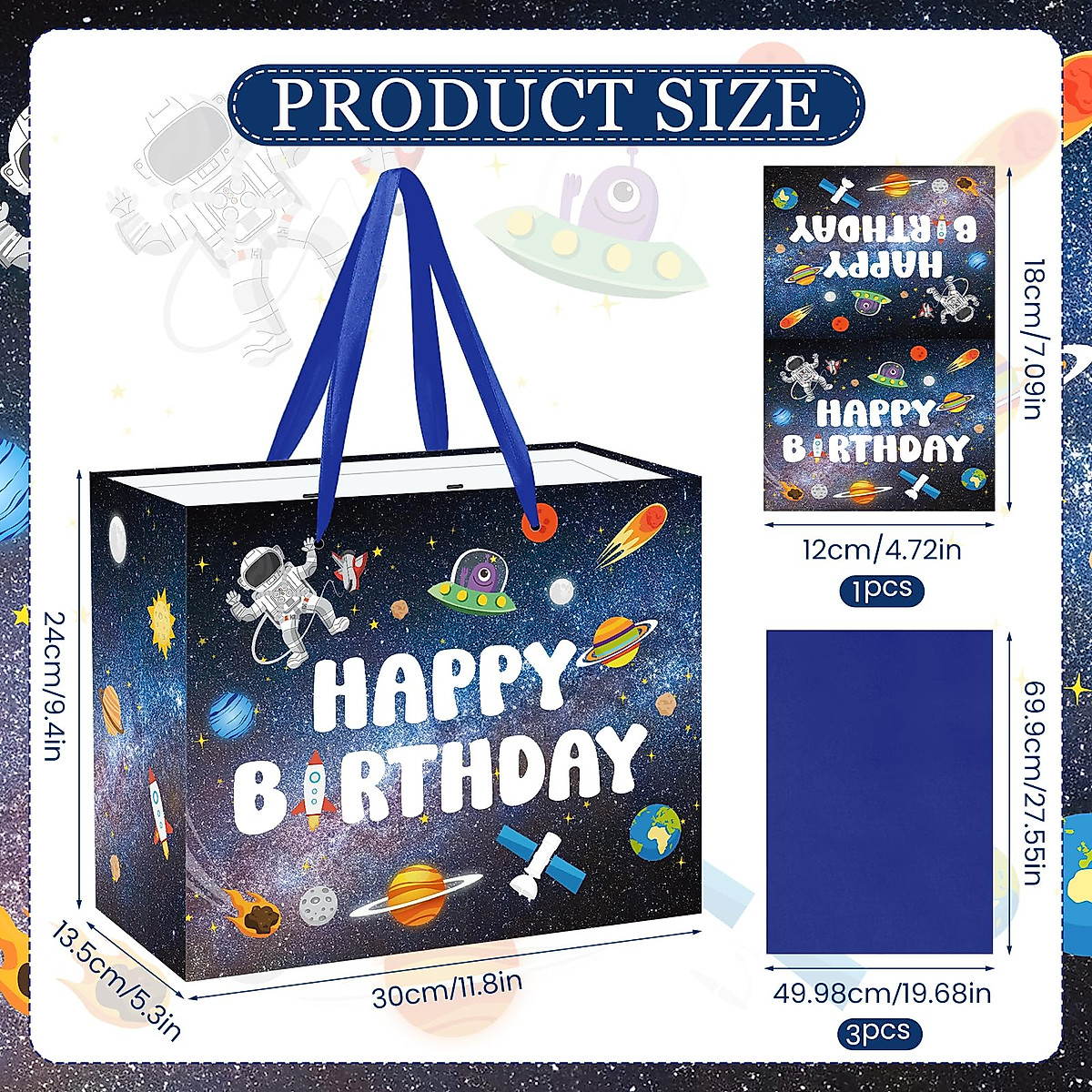 Outer Space Birthday Gift Bag for Kids, Blue Gift Bag with Card Tissue Paper Rocket Planet Gift Bag Birthday Wrapping Paper Bags Outer Space Party Gift Bag Decorations for Boys Girls Birthday Party