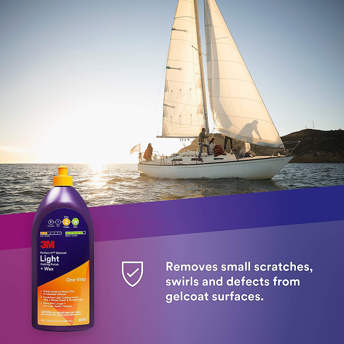 3M Perfect-It Gelcoat Light Cutting Polish + Wax, 36110, 1 Quart, One-Step Process, Removes Scratches and Swirls, Light Oxidation Remover for Boats and RVs