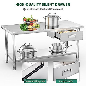 YITAHOME Stainless Steel Table with Drawer, 60" X 24" Work Table with Drawer, Metal Table Prep Table for Home Kitchen Restaurant Garage Warehouse