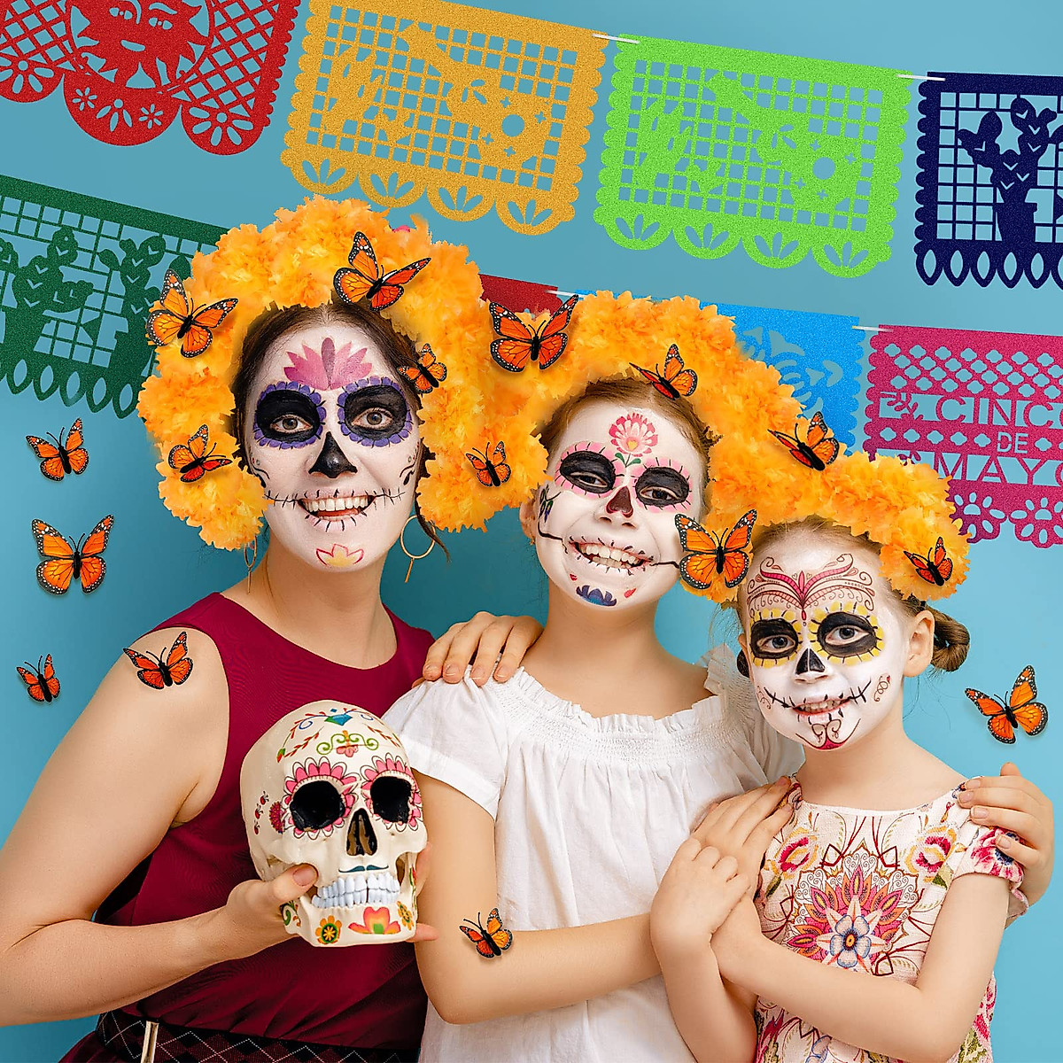 18 Pcs Day of The Dead Party Banners Day of The Dead Party Decorations Dia De Los Muertos Day of The Dead Decor with 24 Pcs Monarch Butterfly 3 Artificial Marigold Flowers Garland for Diwali Decor